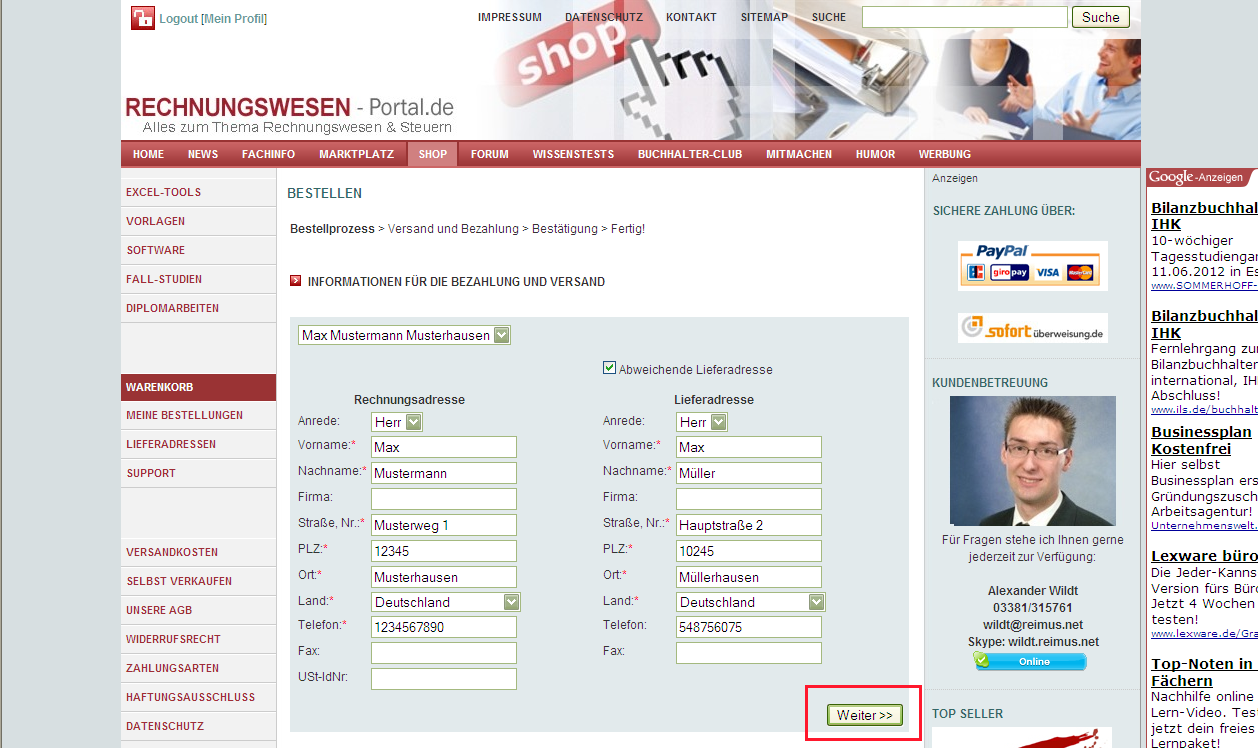 Bestellprozess - Adressdaten
